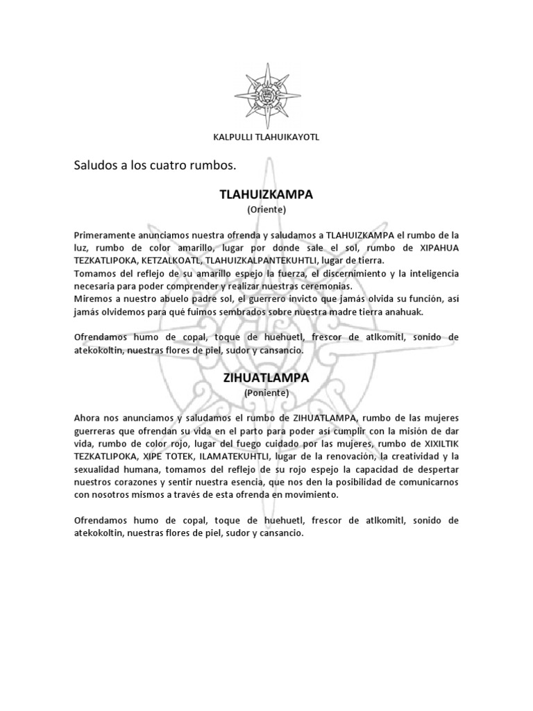Saludos A Los Cuatro Rumbos, Tlahuikayotl. | PDF