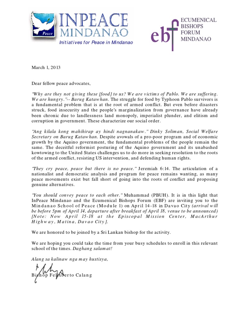 Invitation Letter School of Peace April 2013 | PDF