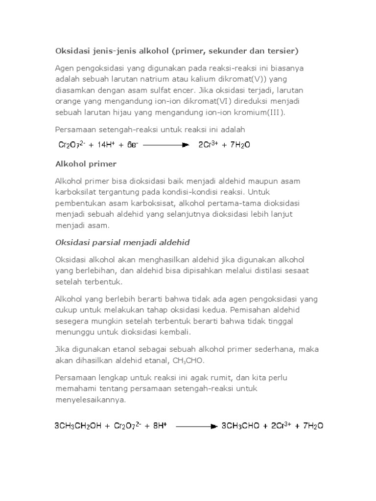 Oksidasi Alkohol: Primer, Sekunder, Tersier | PDF