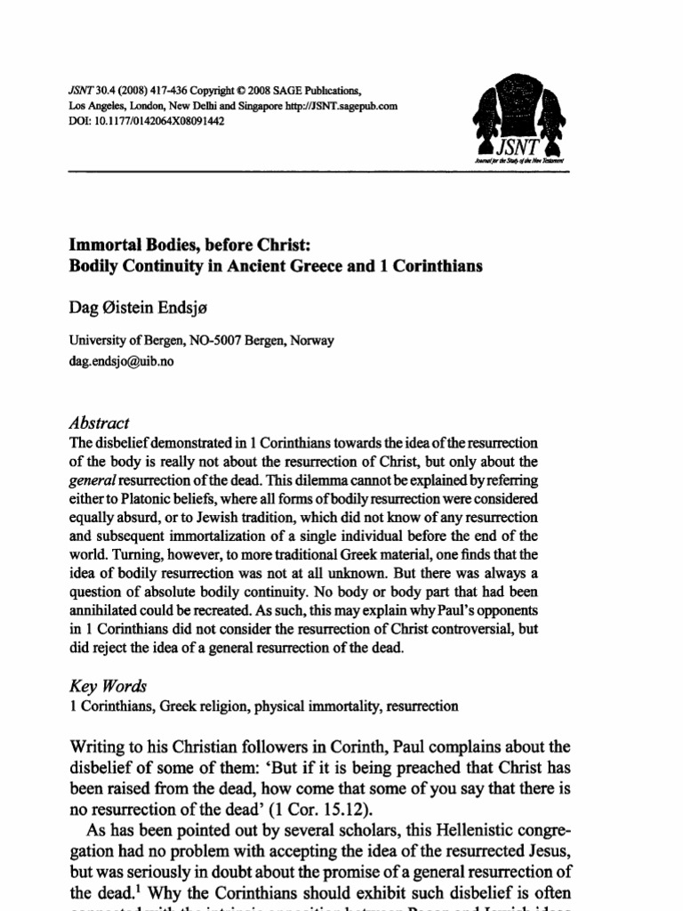 Immortal Bodies, Before Christ - Bodily Continuity in Ancient Greece ...