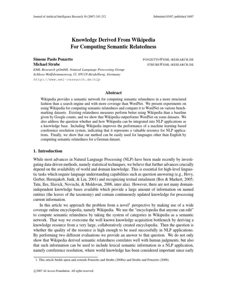 Knowledge Derived From Wikipedia For Computing Semantic Relatedness | PDF | Wikipedia | Semantics