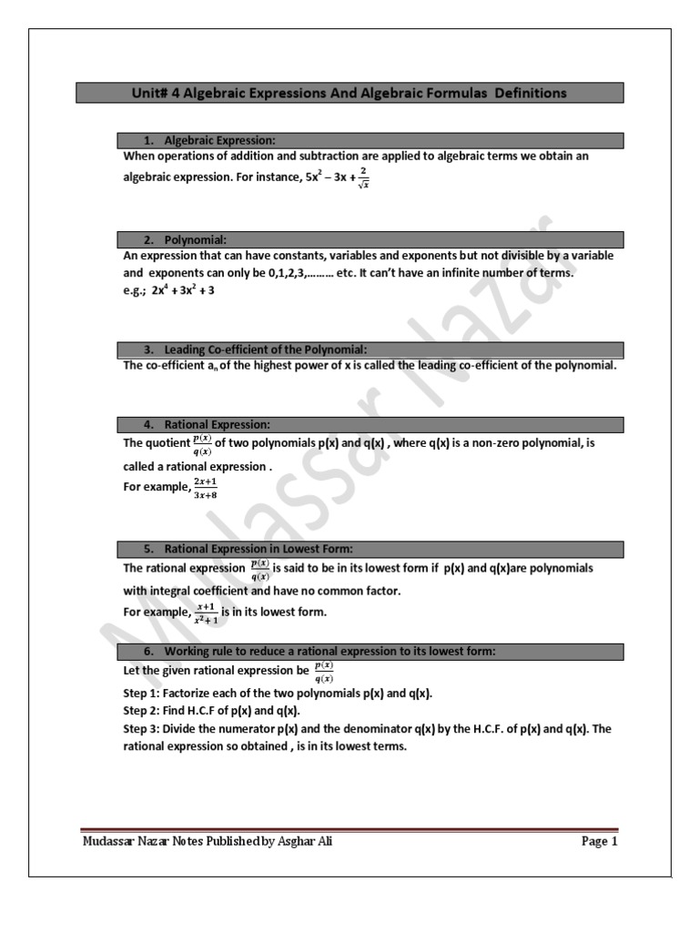 Algebraic Expressions and Formulas | PDF | Teaching Methods & Materials