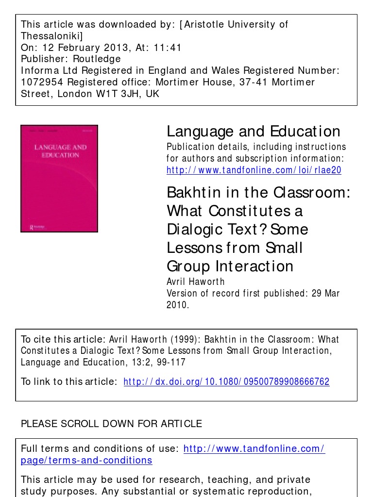 Bakhtin in The Classroom: What Constitutes A Dialogic Text? Some ...