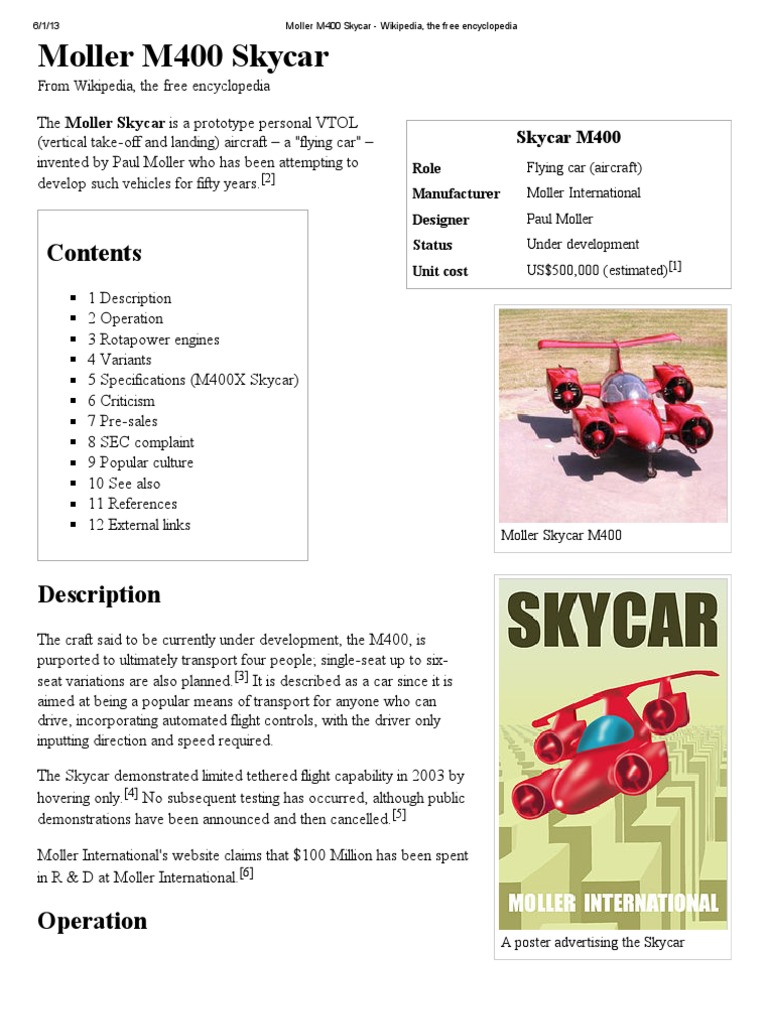Moller M400 Skycar - Wikipedia, The Free Encyclopedia | PDF | Aerospace ...