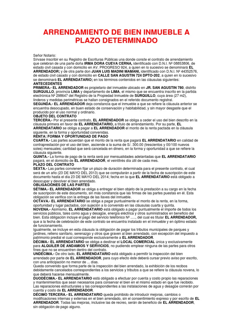 Arrendamiento de Bien Inmueble A Plazo Determinado | PDF | Alquiler | Pagos