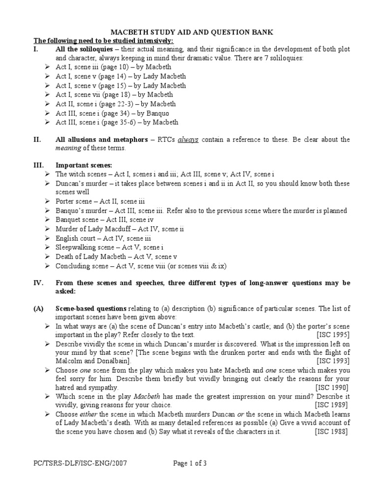 Macbeth Study Guide and Question Bank | PDF | Macbeth | Shakespearean ...