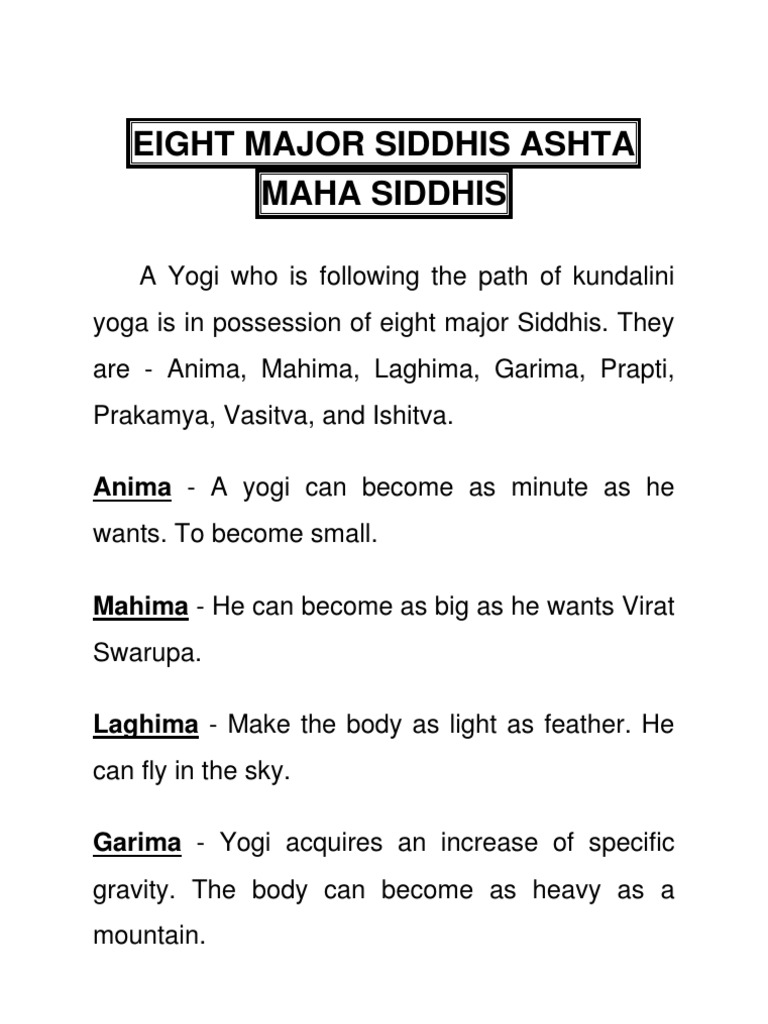 Eight Major Siddhis in Yoga | PDF | Prana | Yoga