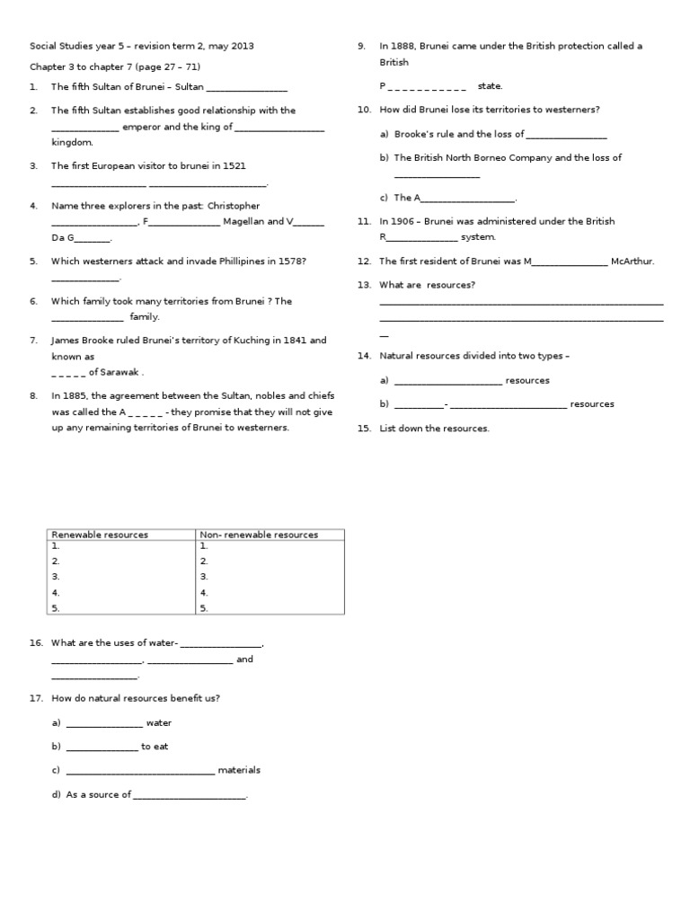 Social Studies year 5 – revision term 2, may 2013