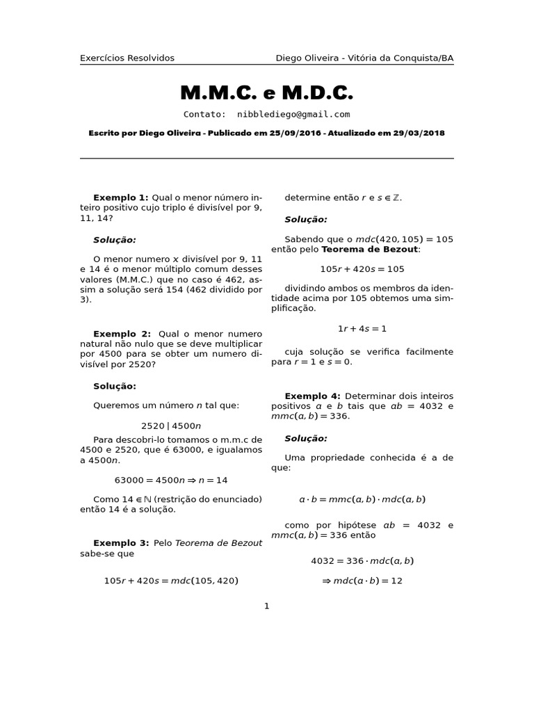 Exercícios resolvidos de mdc e mmc. | Matemática discreta | Teoria dos ...