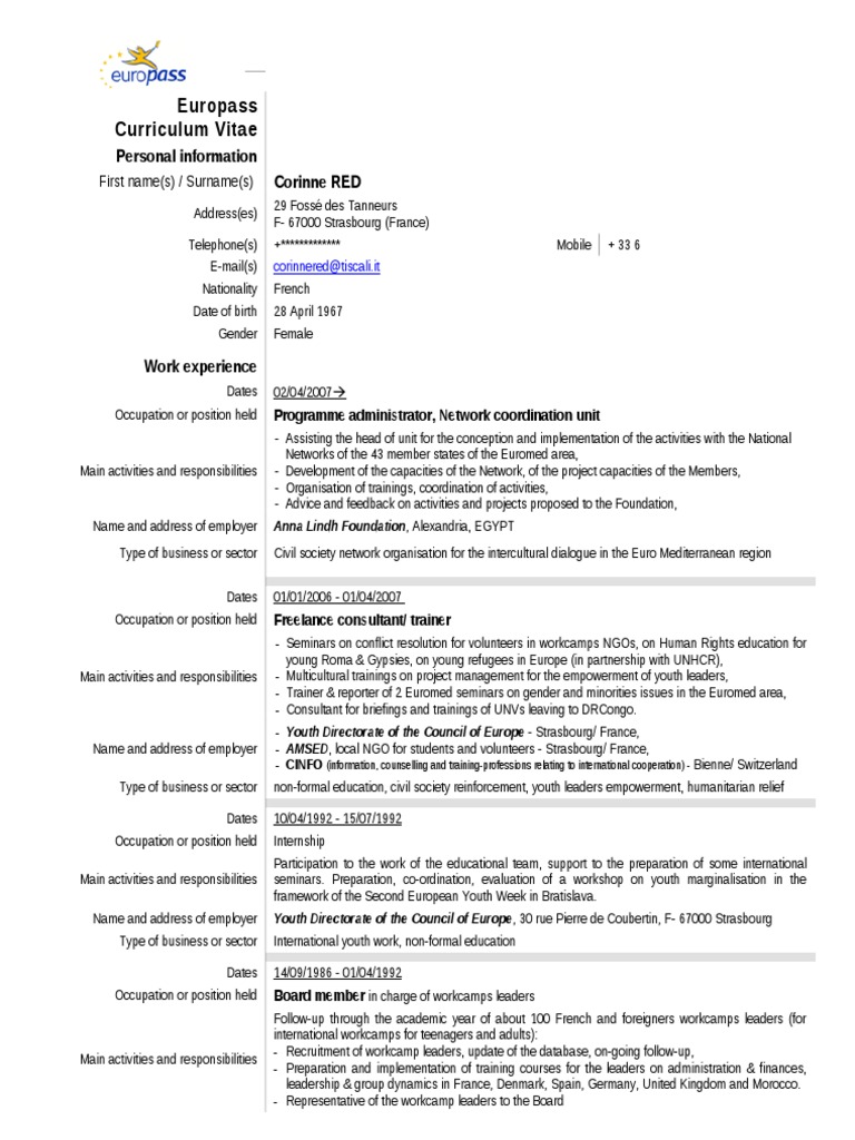 Example Europass Cv | Volunteering | Non Governmental Organization