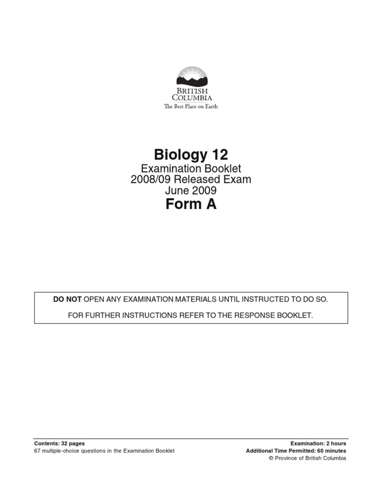 Biology 12: Examination Booklet 2008/09 Released Exam June 2009 | PDF