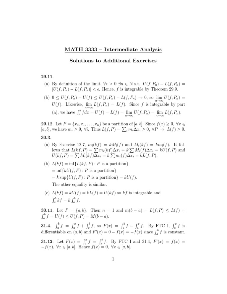 MATH 3333 - Intermediate Analysis Solutions To Additional Exercises | PDF