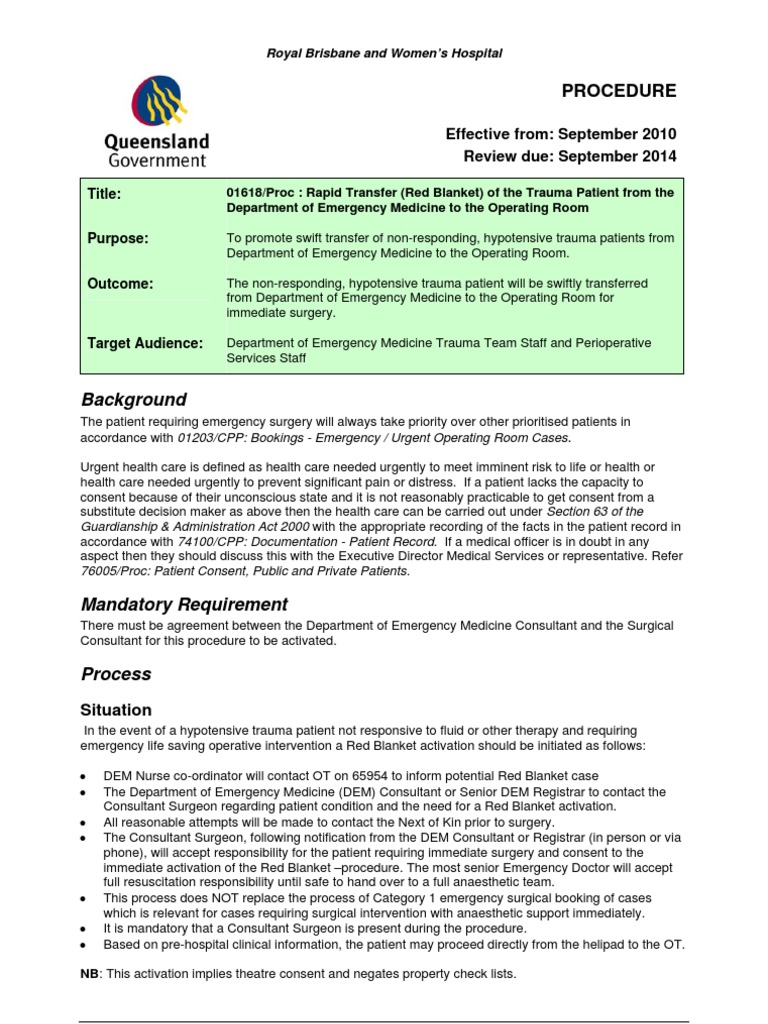 Red Blanket Protocol RBWH | PDF | Emergency Department | Surgery