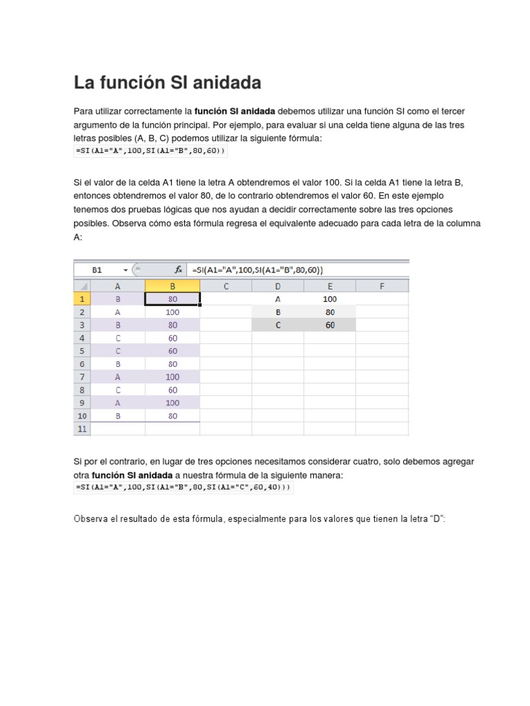 La Función SI Anidada | PDF | Microsoft Excel | Hoja de cálculo