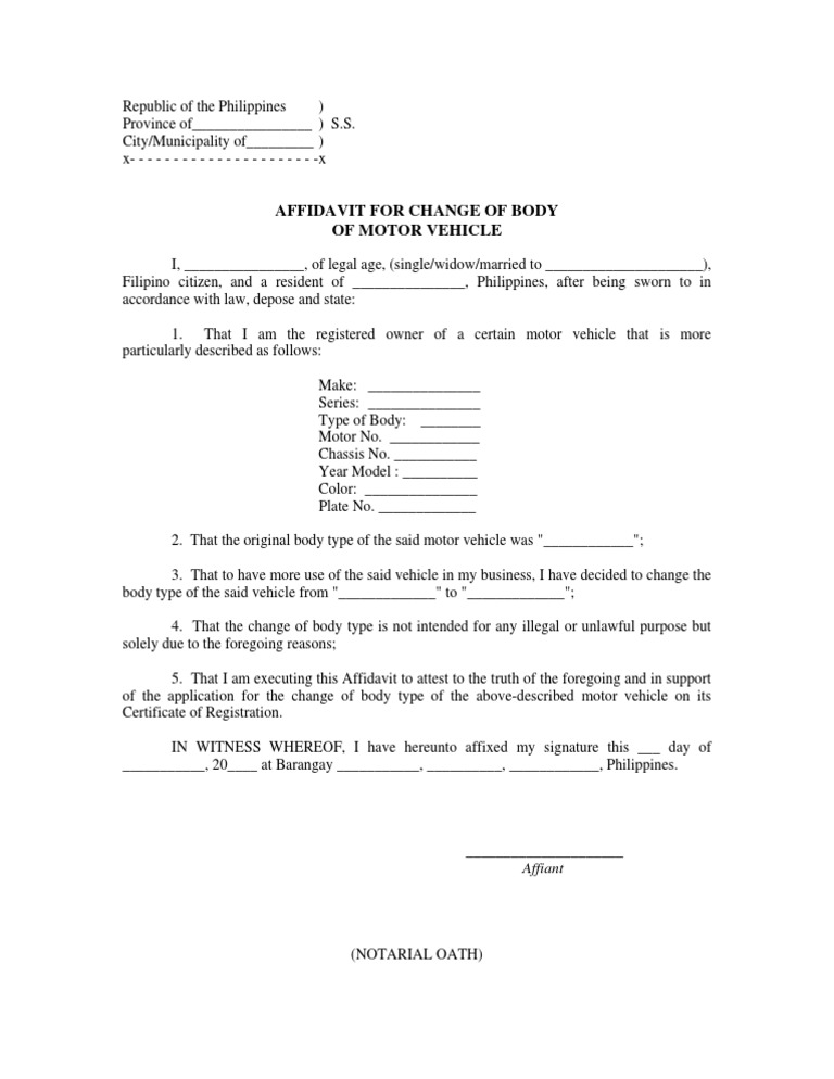 Affidavit For Change of Body of Motor Vehicle | PDF