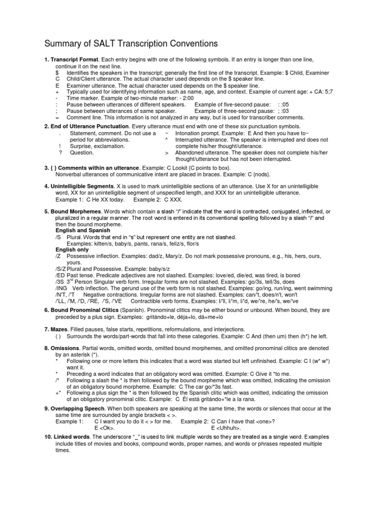 Summary of SALT Transcription Conventions | PDF | Grammatical ...
