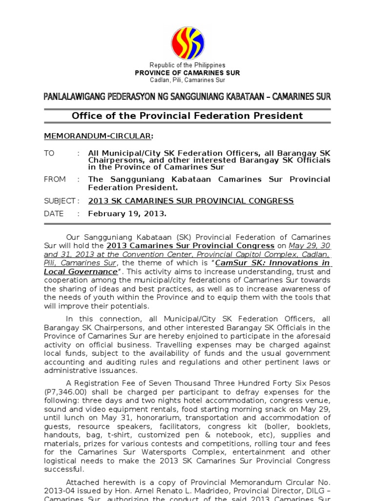 Memo Circular SK Provincial Congress 2013 | United States Congress ...