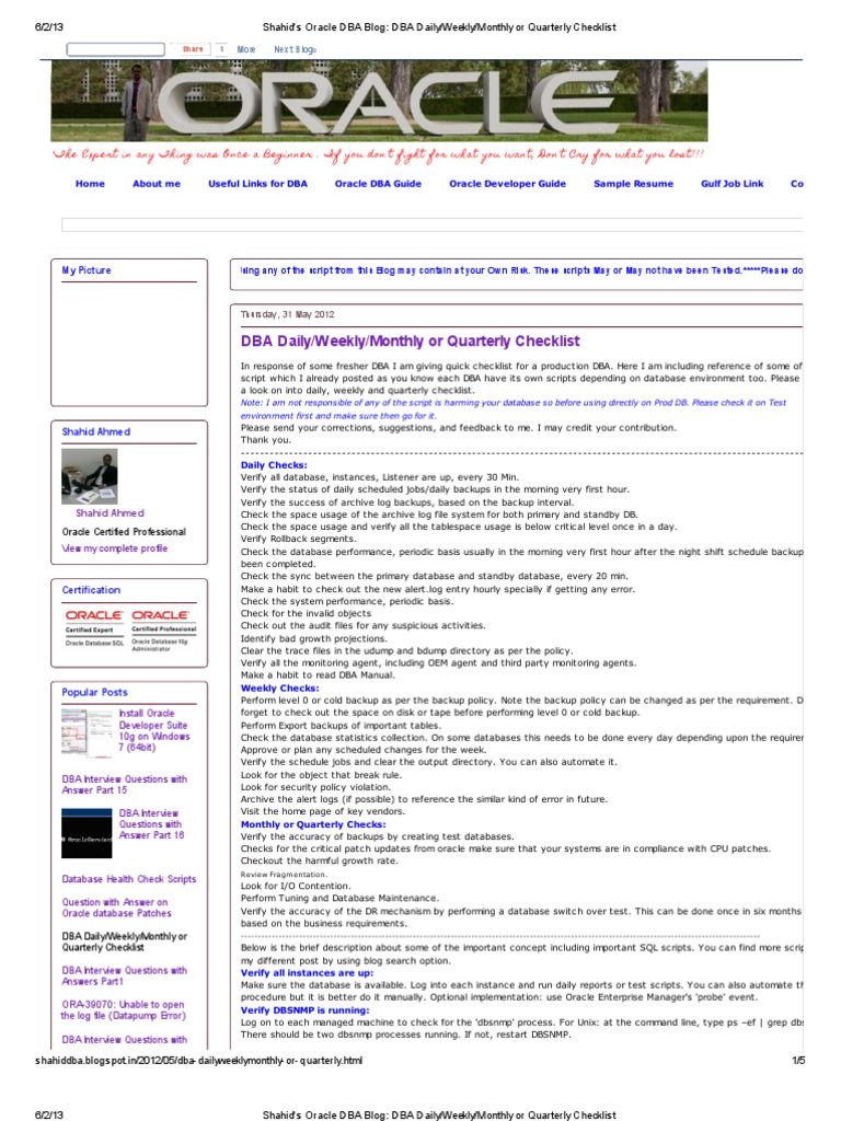 Dba Daily Weekly Monthly Or Quarterly Checklist Pdf Oracle Database Sql