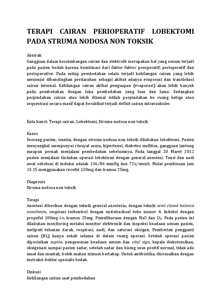 Terapi Cairan Perioperatif Lobektomi Pada Struma Nodosa Non Toksik | PDF