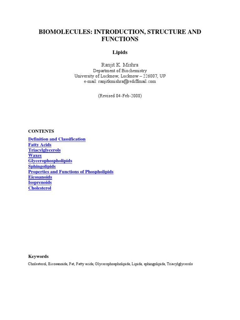 Biomolecules: Introduction, Structure and Functions: Ranjit K. Mishra ...