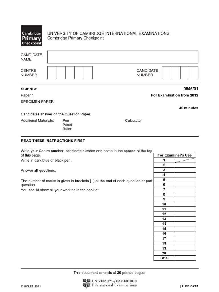 Cambridge Primary Checkpoint Science P1 Specimen 2012 | PDF | Earth | Water