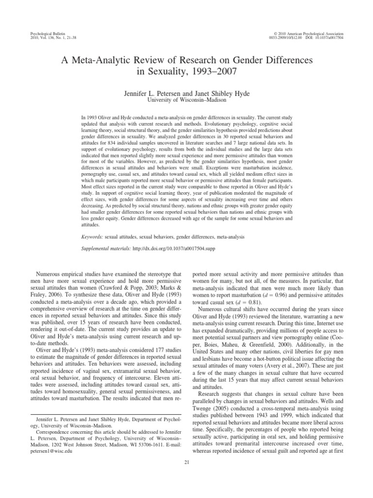 A Meta Analytic Review Of Research On Gender Differences In Sexuality Pdf Effect Size Sex