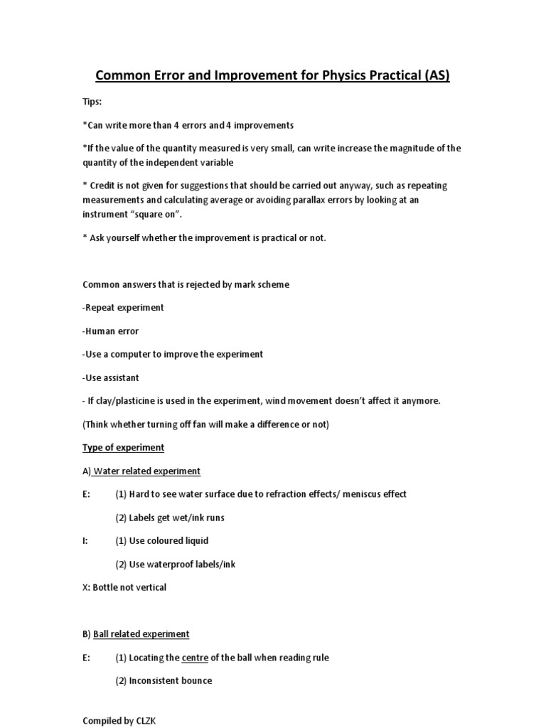 Errors and Improvement For Physics Practical | PDF | Thermometer ...