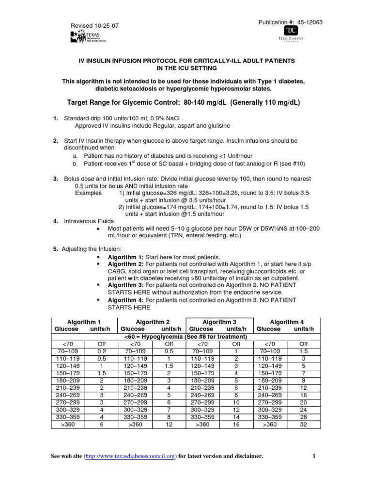 IV Insulin Infusion Protocol for ICU | PDF