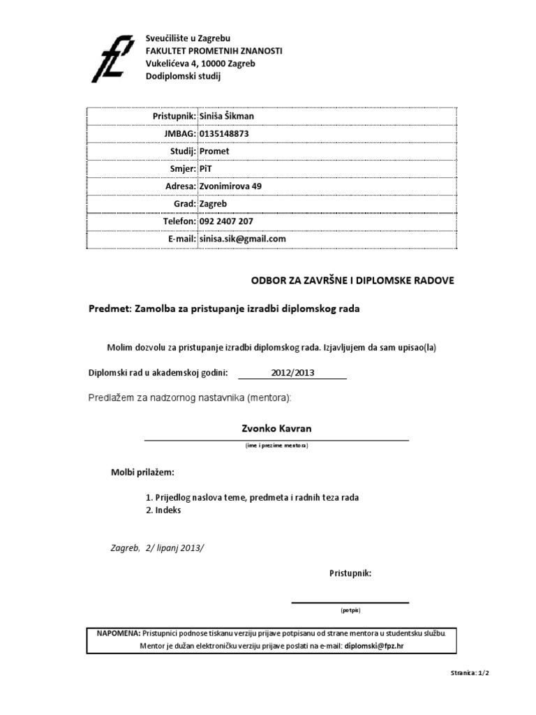Zamolba Za Pristupanje Izradi Diplomskog Rada | PDF