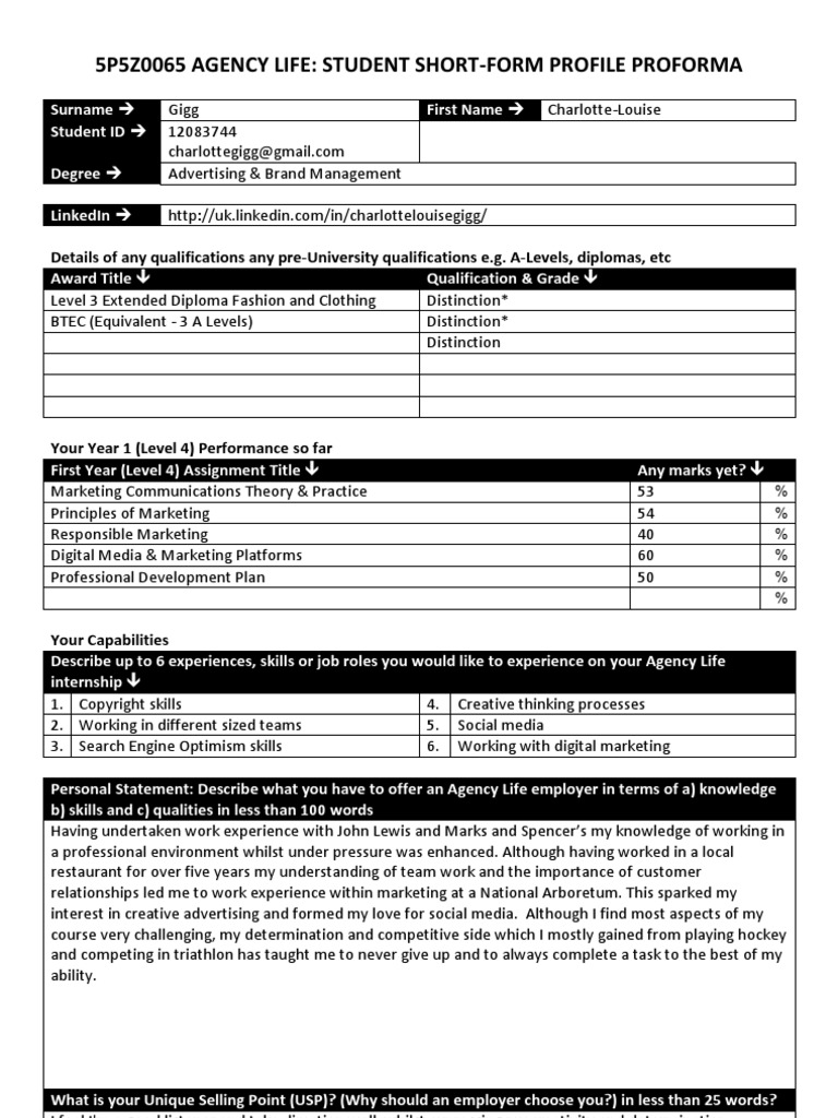 5P5Z0065 Agency Life: Student Short-Form Profile Proforma | PDF