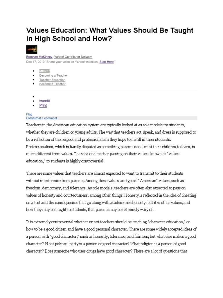 Values Education: What Values Should Be Taught in High School and How ...