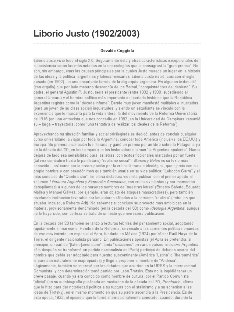 Coggiola Sobre Liborio Justo | PDF | Leon Trotsky | marxismo