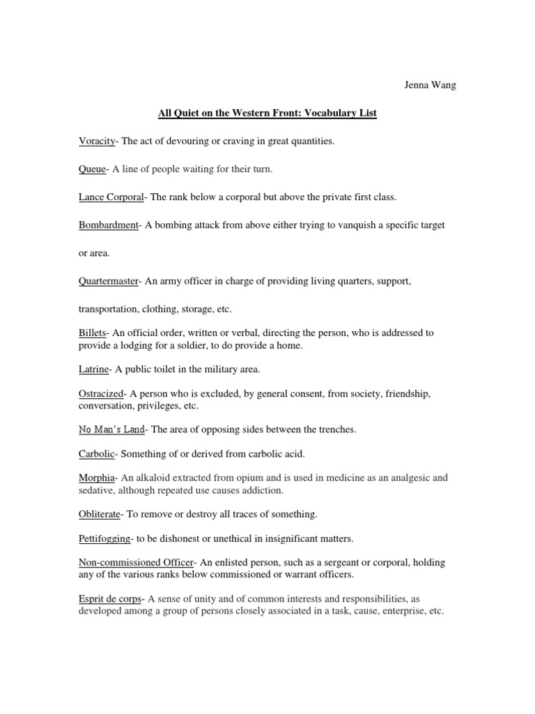 Vocabulary for "All Quiet on the Western Front" | PDF