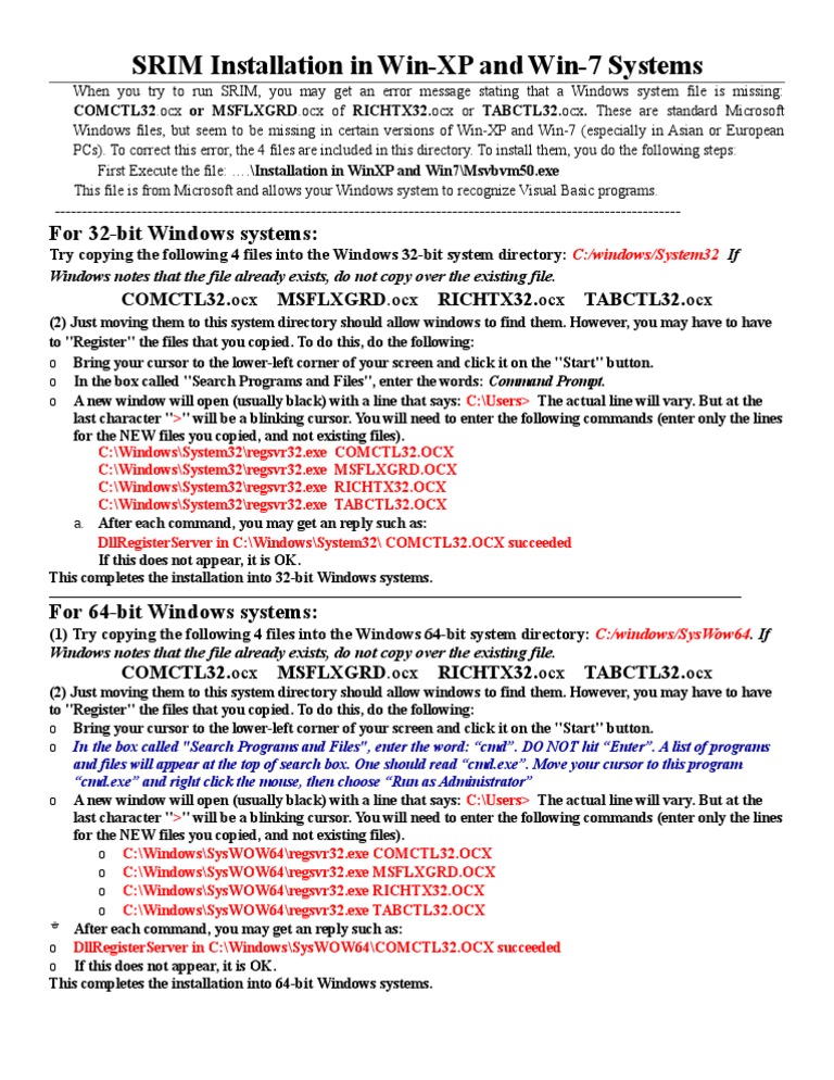 SRIM Installation in Win-XP and Win-7 Systems: For 32-Bit Windows ...