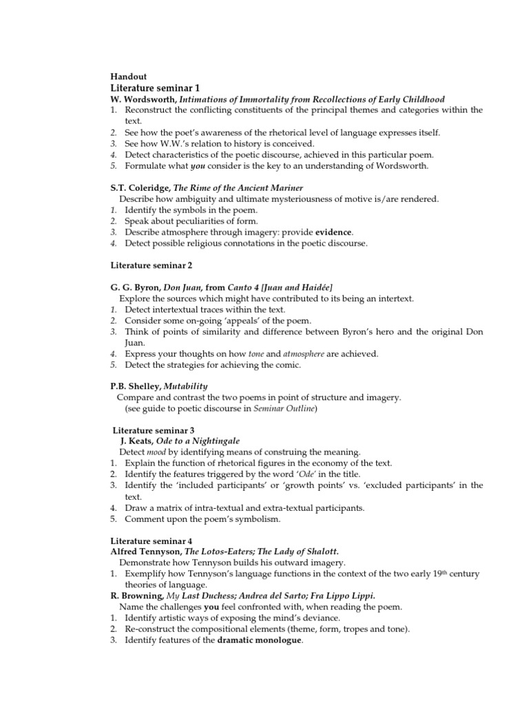 Literature Seminar 1: Handout W. Wordsworth | PDF | Poetry | Narrative