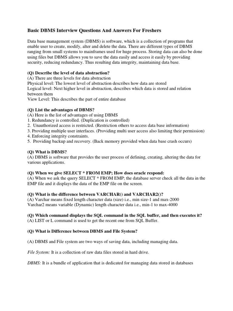 Basic DBMS Interview Questions and Answers For Freshers | PDF | Sql | Pl/Sql