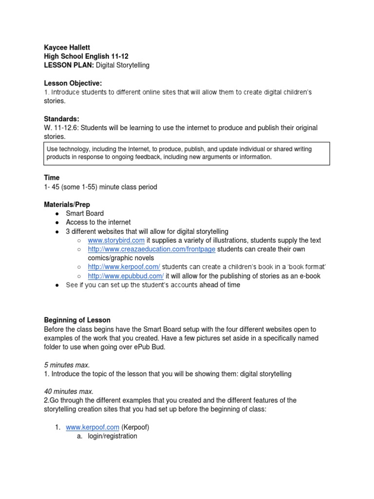 Kaycee Hallett High School English 11-12 LESSON PLAN: Digital ...