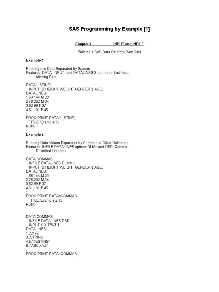 SAS Programming by Example (1) : Chapter 1 Input and Infile | PDF