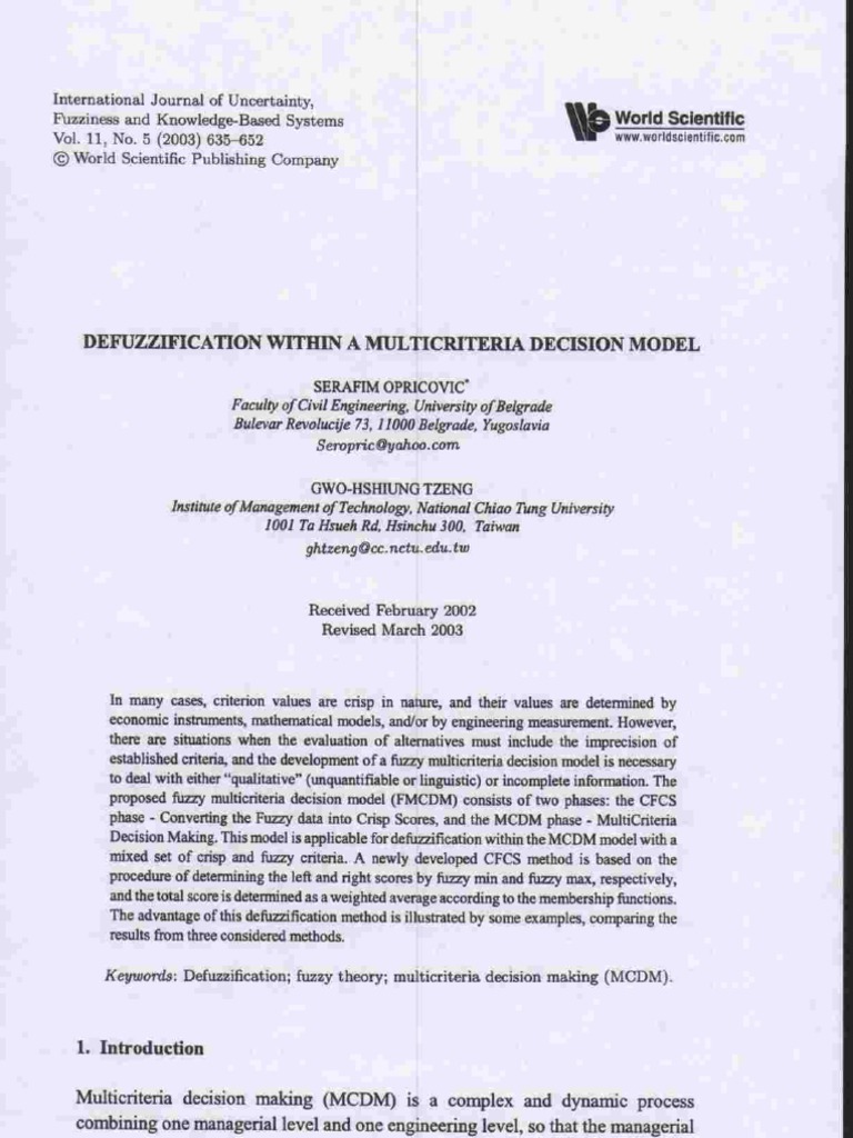 Defuzzification Within A Multicriteria Decision Model | PDF