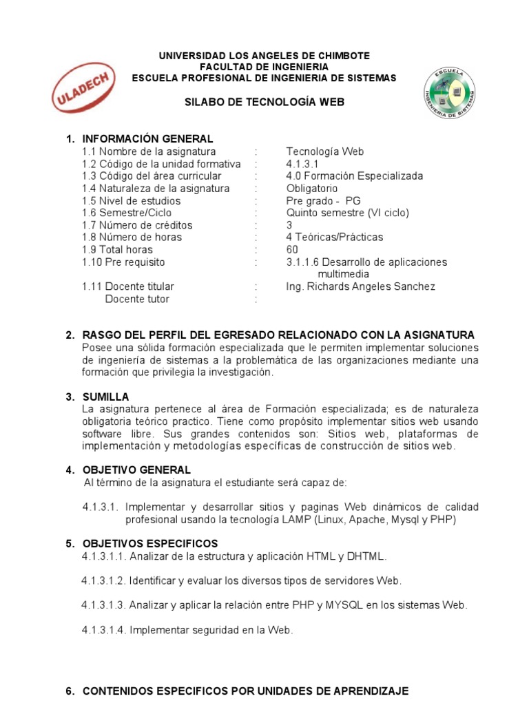 Silabo de Tecnología Web en Ingeniería | PDF | Php | Mi sql
