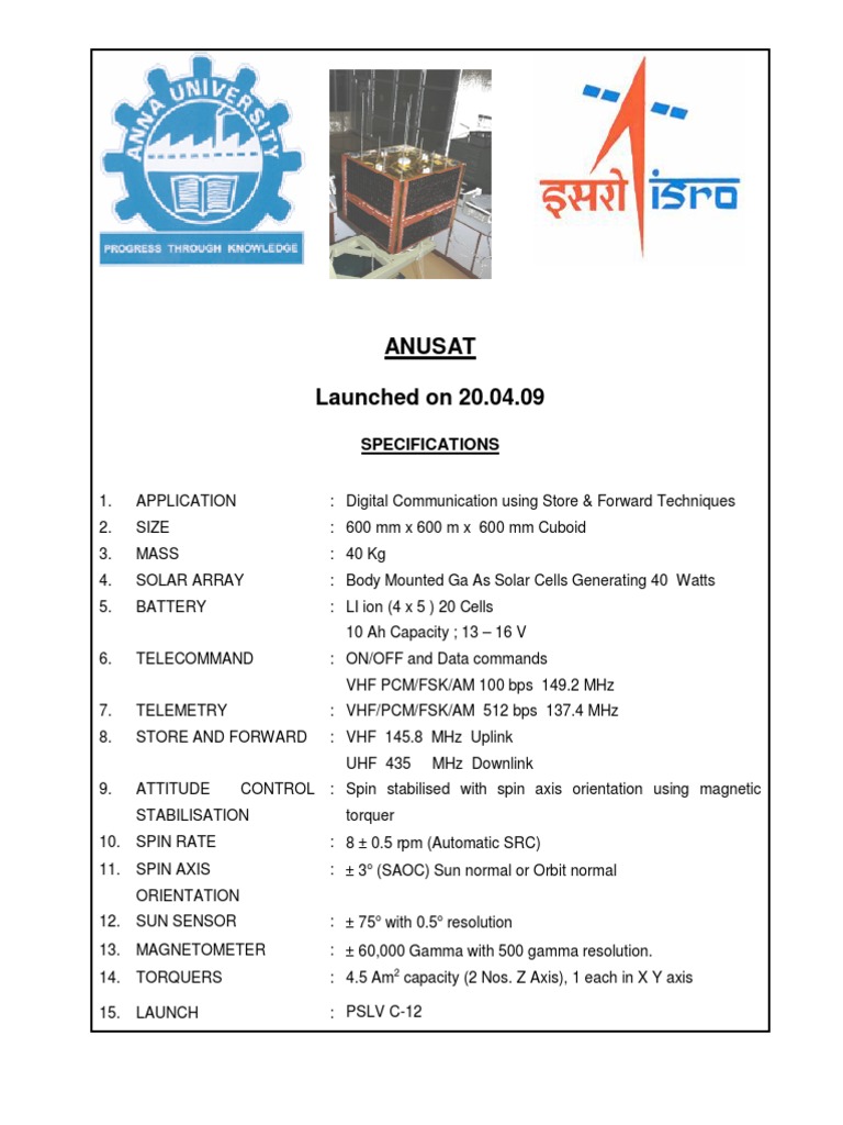 Anusat Satellite (Anna University, ISRO) | PDF | Satellite | Bit Rate
