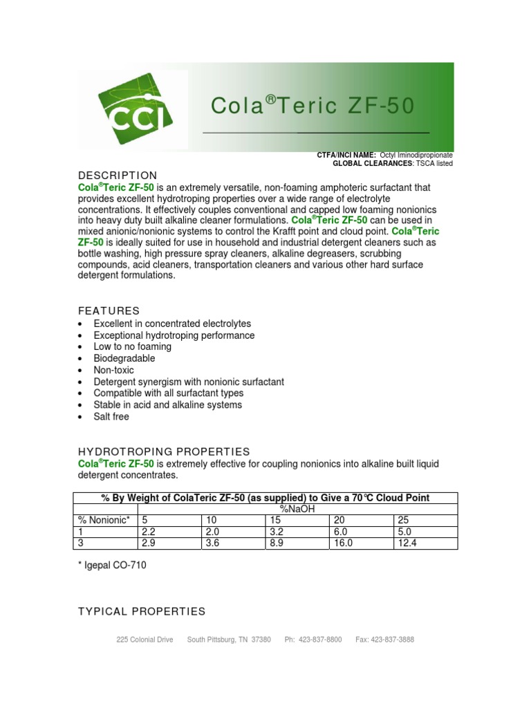 ColaTeric ZF-50 | PDF | Sodium Hydroxide | Detergent