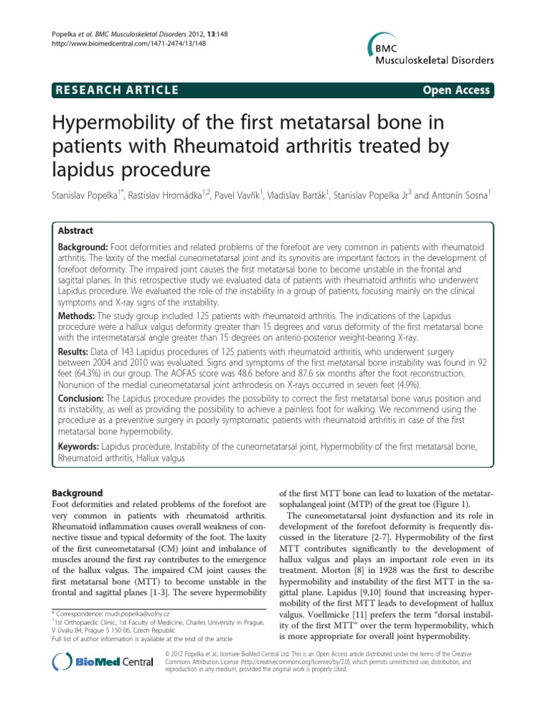Hypermobility of The First Ray in Rheumatoid Treated With Lapidus | PDF ...