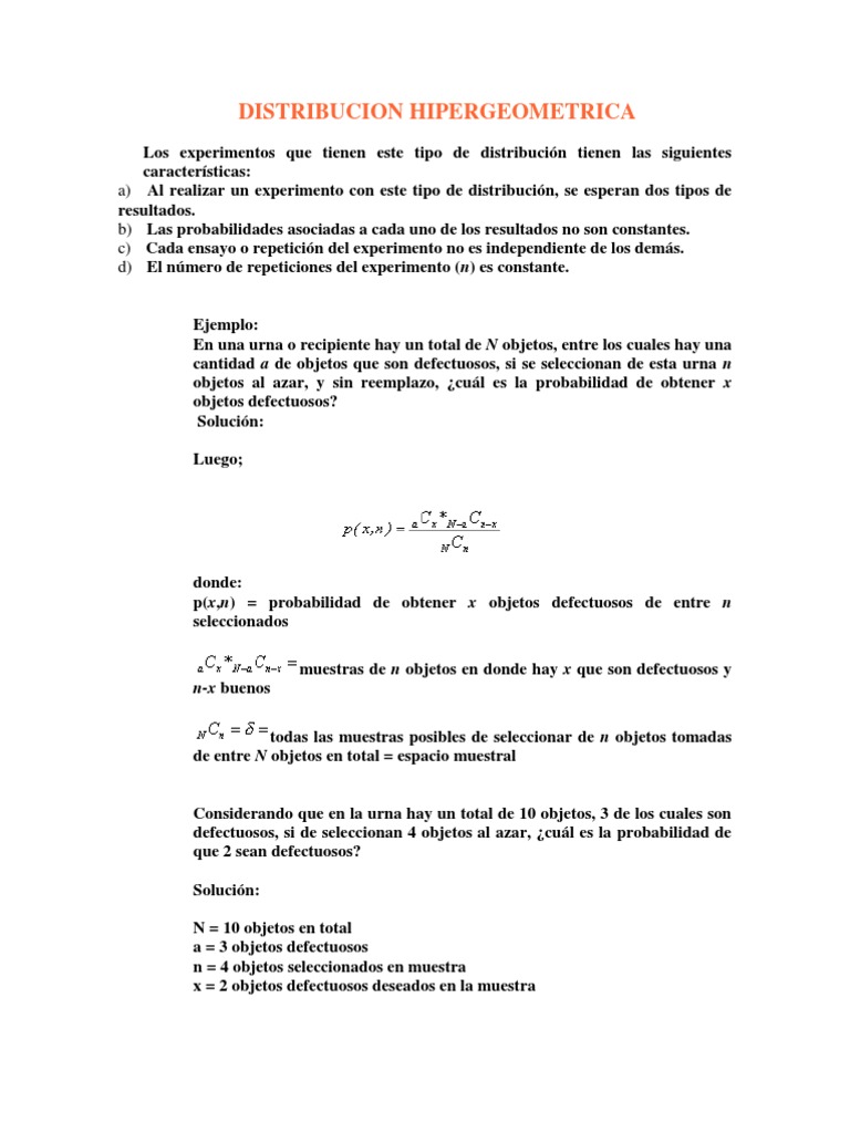 Distribución Hipergeométrica: Ejemplos y Ejercicios | PDF ...