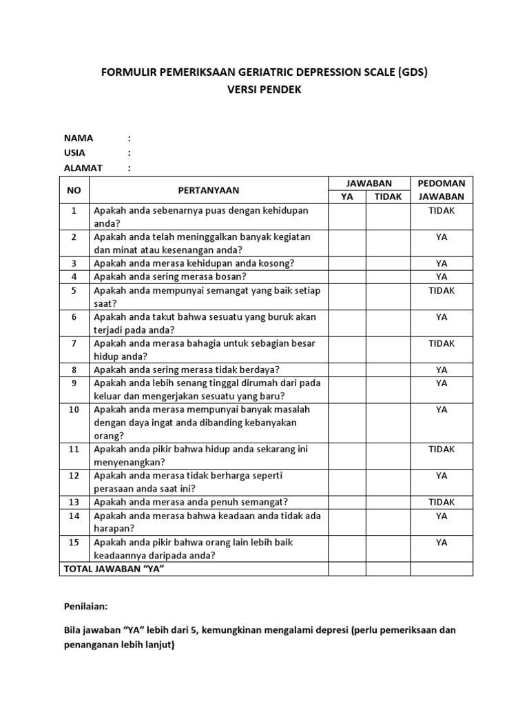 Formulir Pemeriksaan Geriatric Depression Scale | PDF