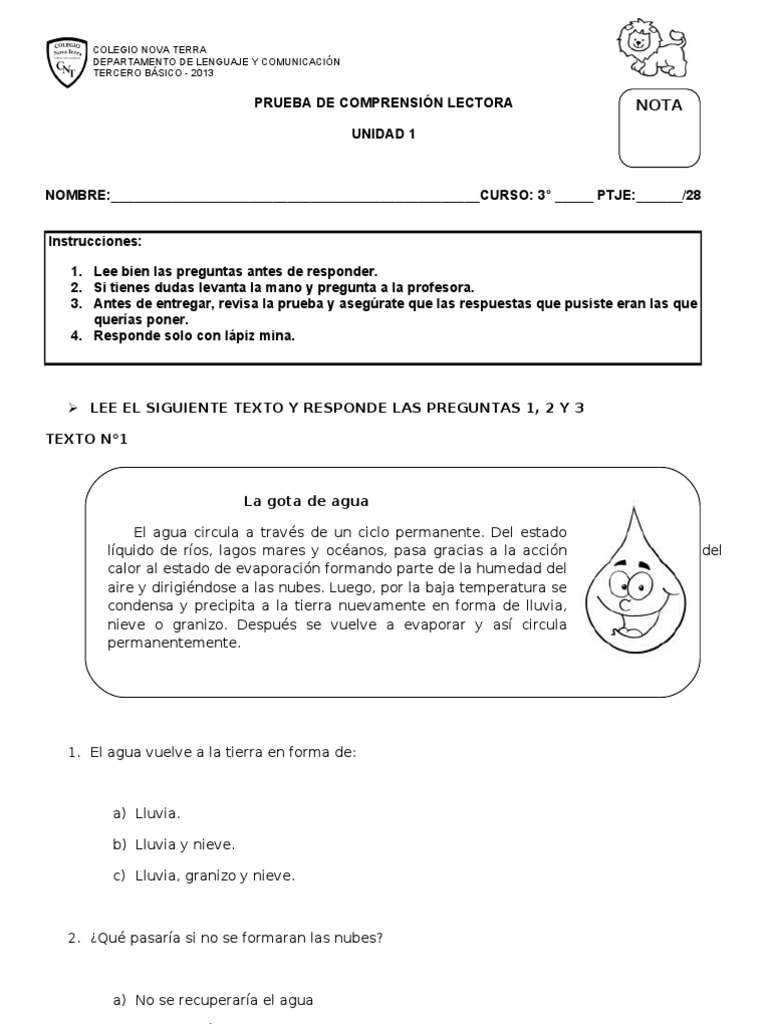 Comprensión Lectora Del Ciclo Del Agua El Ciclo Del Agua | TPT