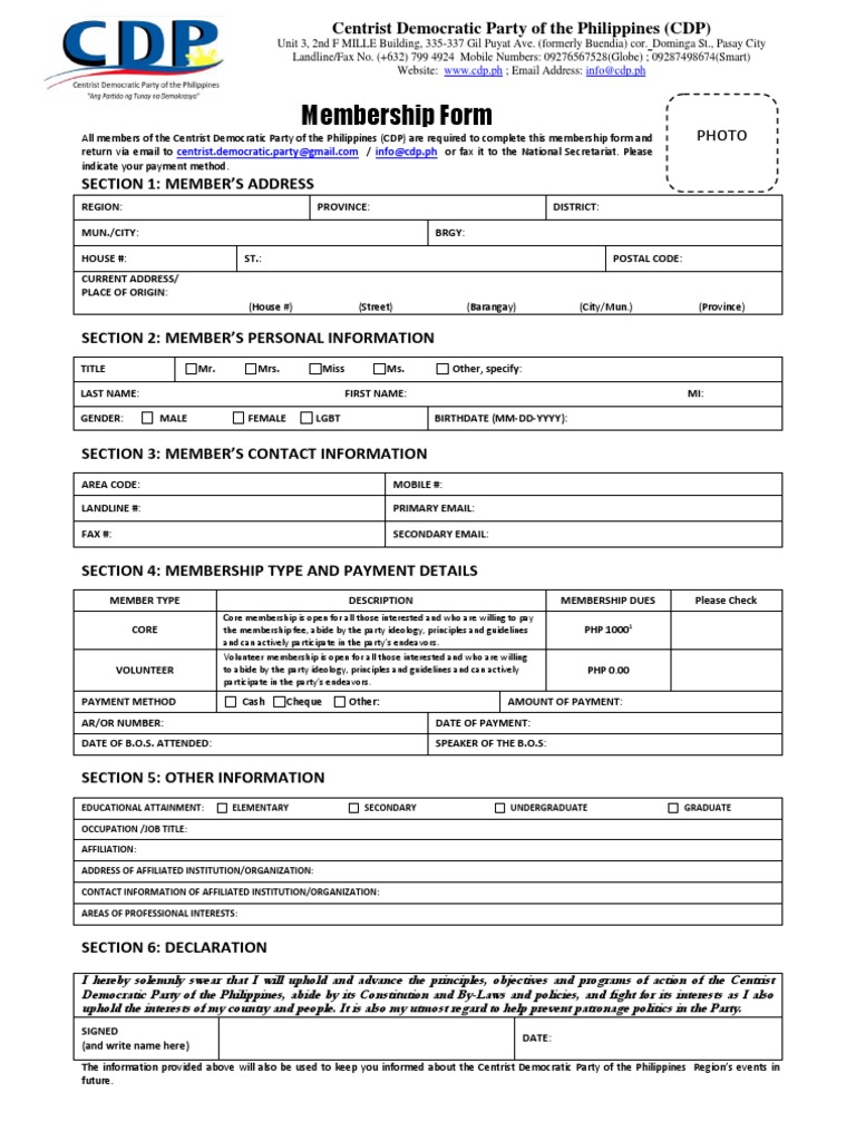 Membership Form of CDP | PDF | Political Parties | Payments