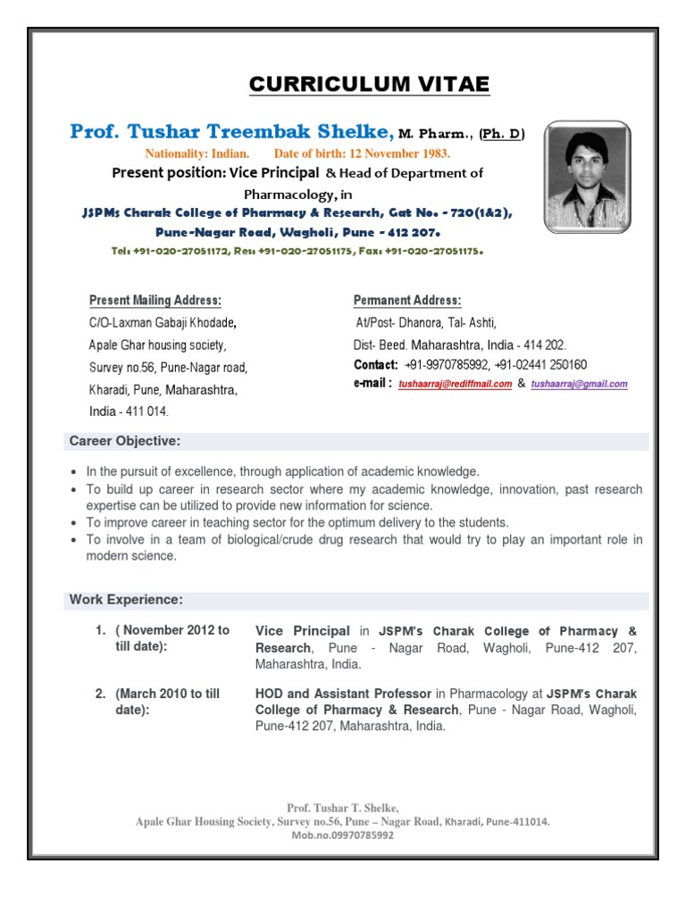 Updated, 01.06.13 RESUME Prof - Tushar T.shelke | PDF | Pharmacology ...