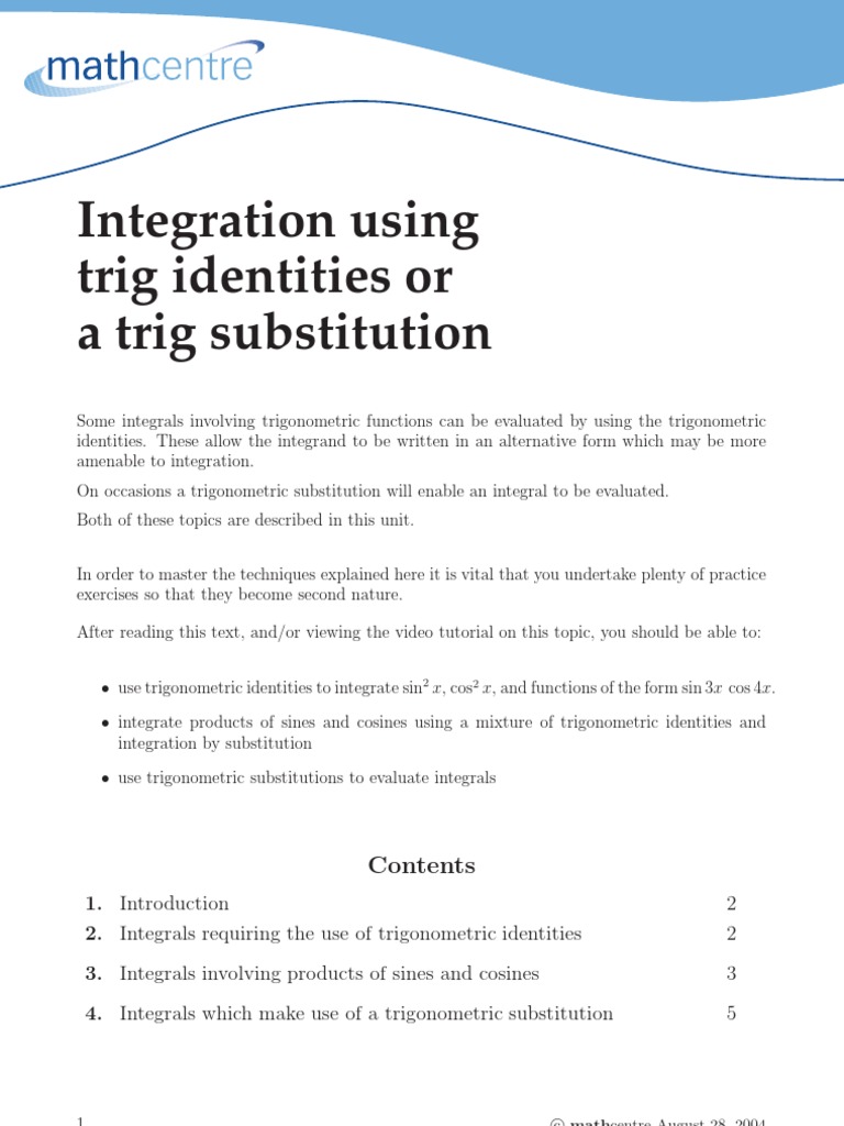 Integration Using Trig Identities or A Trig Substitution | PDF ...