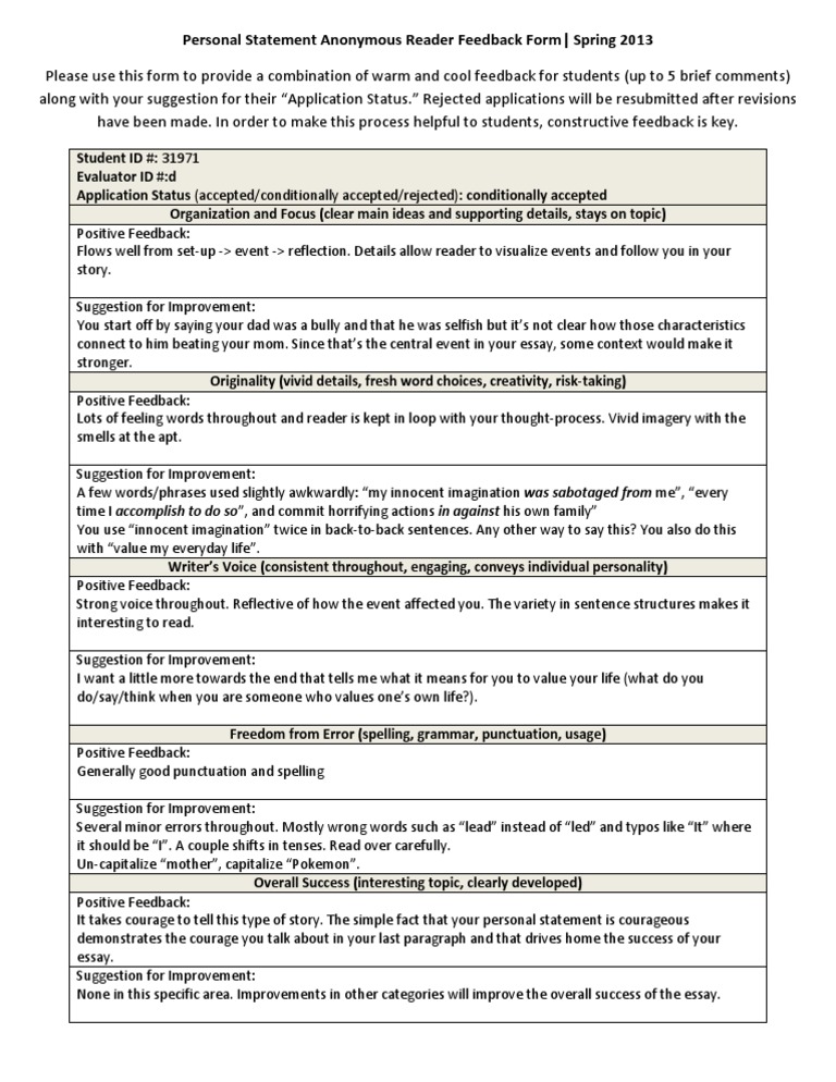2013 Personal Statement Anonymous Reader Feedback Form | PDF | Feedback ...